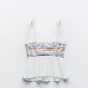 Zara | Tops | Nwt Zara Strappy Elasticized Smocked Top Rainbow Ecru ...